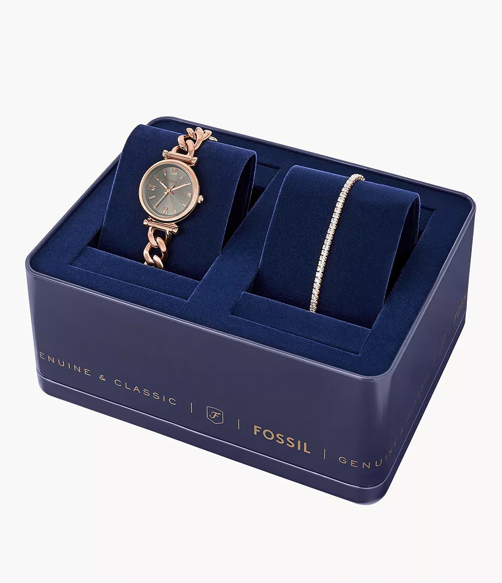 Fossil Carlie Three-Hand Rose Gold-Tone Stainless Steel Watch and Brac