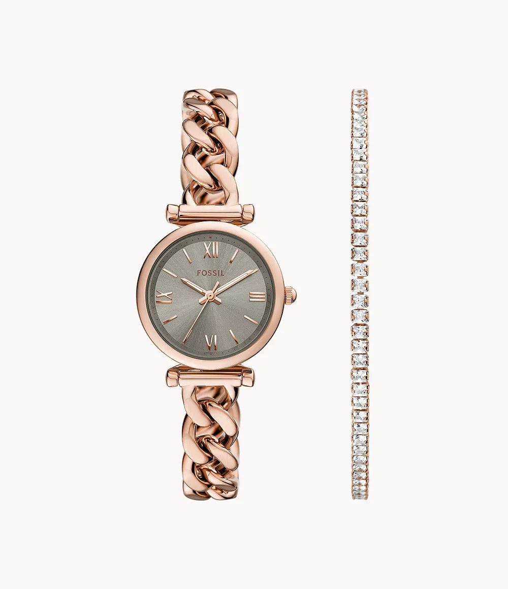 Fossil Carlie Three-Hand Rose Gold-Tone Stainless Steel Watch and Brac