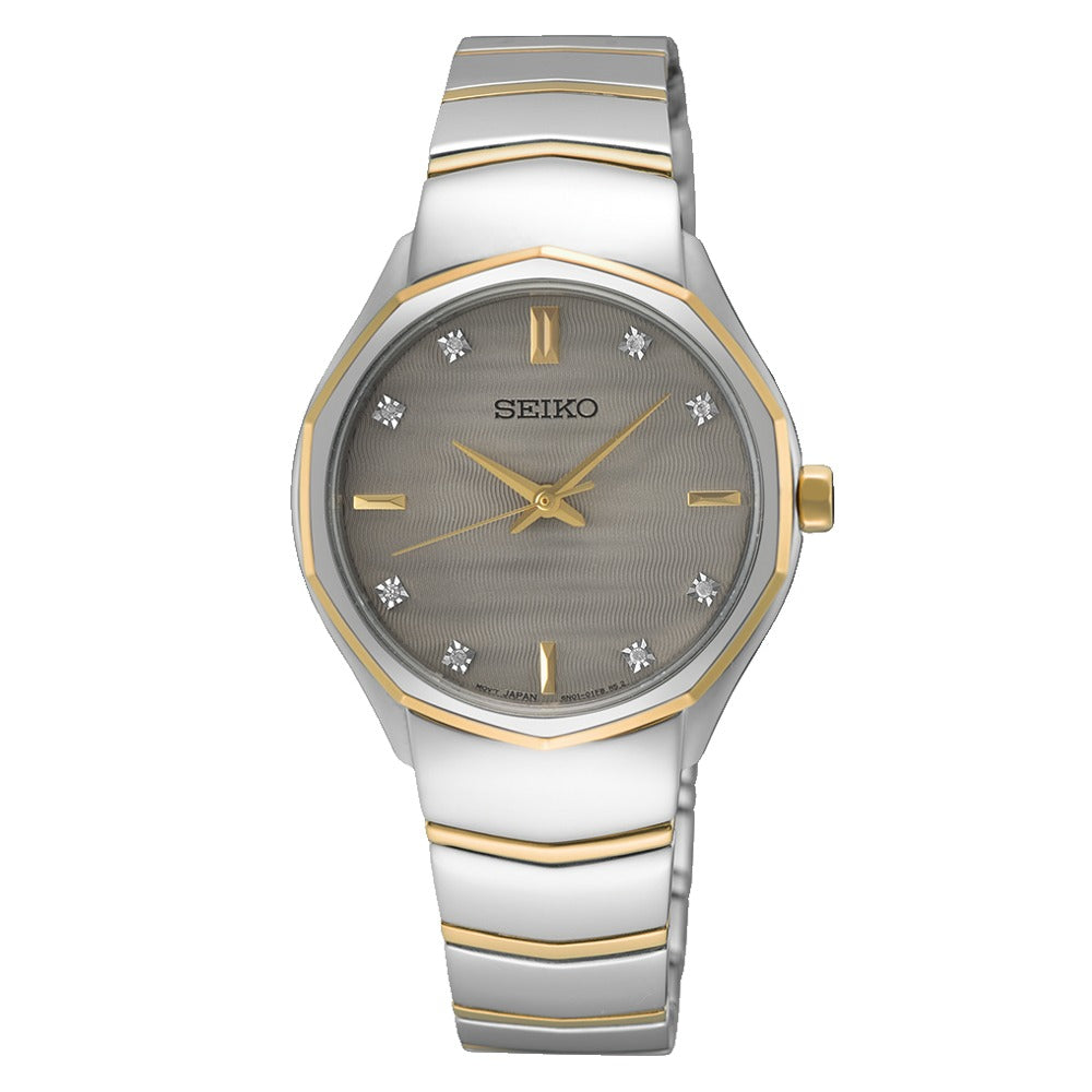 Seiko Round Quartz in Mixed Metal with Crystal Indices Women's Watch,